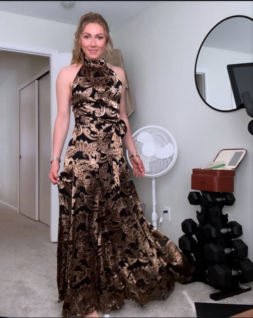 Mikaela Shiffrin turns up the glamor in black-and-gold dress at ...